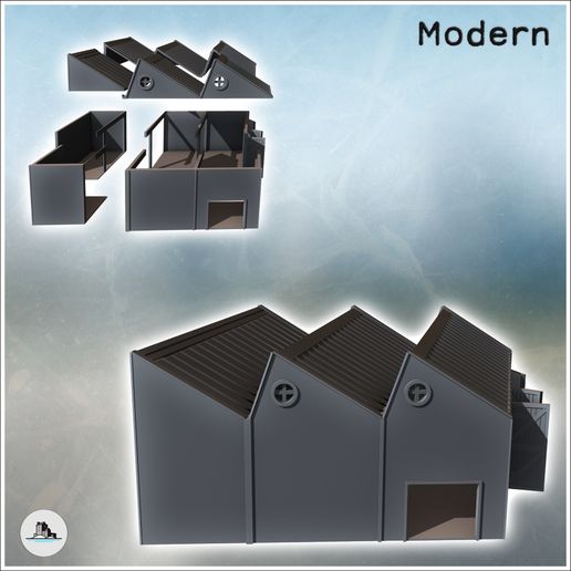 🧑‍🏭 Factory with shed roof, three large reinforced wooden doors, and ...