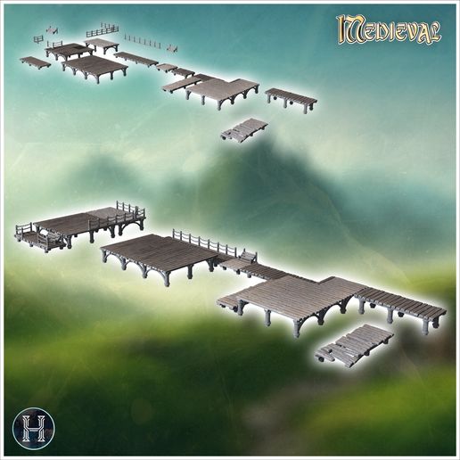 🪵 Large wooden dock with multiple platforms, railings, and piers ...
