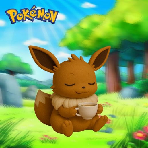 🍹 Chibi Eevee Drinking Tea - Cute Relaxed Pokémon 3D Print Figure・ STL ...