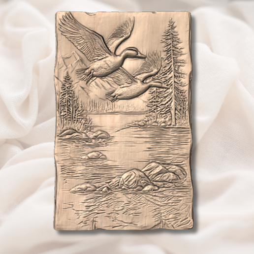 ⛰️ Flying Ducks 3D Relief STL | Lake Mountain Waterfowl Wall Art Panel ...