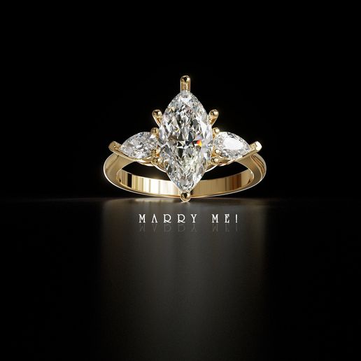 💍 Luxury Three-Stone Marquise Ring 3D Model STL for Jewelry Printing ...
