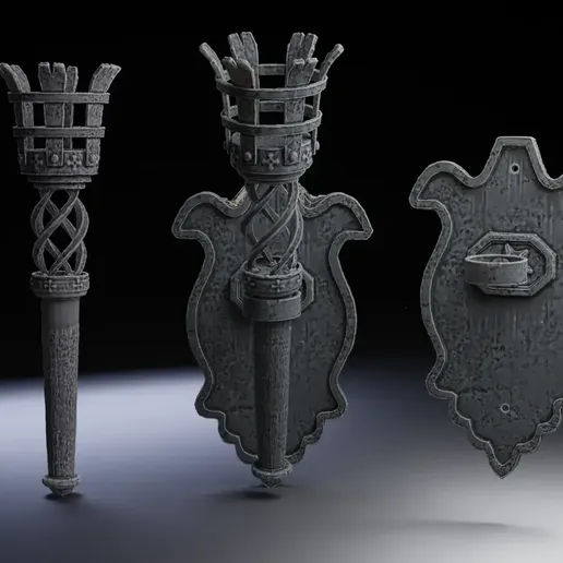 🕯️ Medieval Torch Holder : Wall Mount・Free OBJ File for 3D printing・Cults