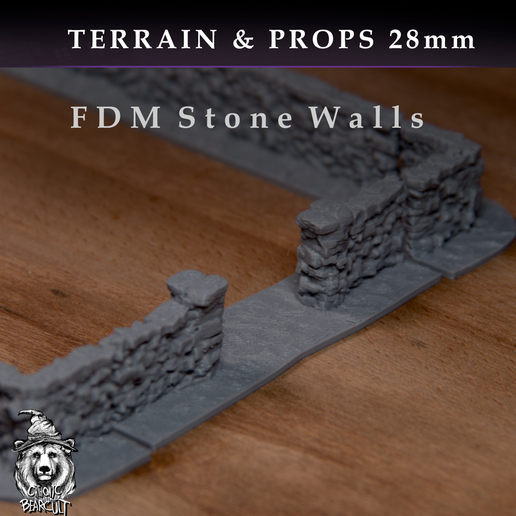 ♟ Stone Walls 28mm FDM Terrain 15 pieces・ STL File for 3D printing・Cults