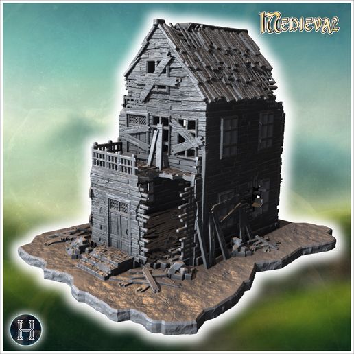 🪵 Ruined wooden building with a damaged upper floor, broken porch, and ...