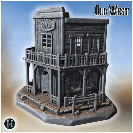 👴 Old saloon building Bar with front porch, balcony, windows and wooden ...