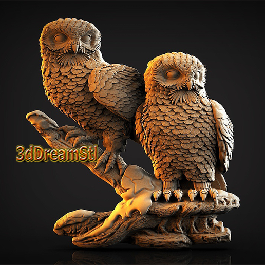 🪵 two owls on a branch STL model, CNC router engraver, artcam, aspire ...