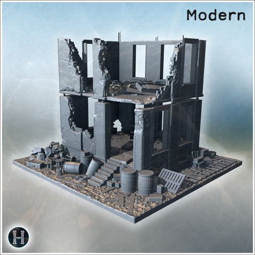 🏗️ Collapsed two-story building with rubble, barrels, and broken walls ...