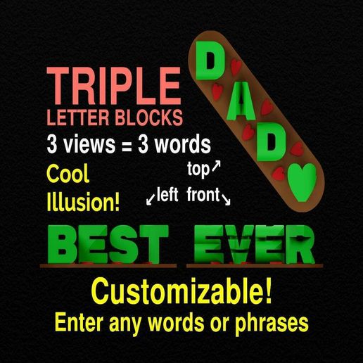 🚩 Customizable Triple Letter Blocks Ambigram・Free STL File for ・Cults