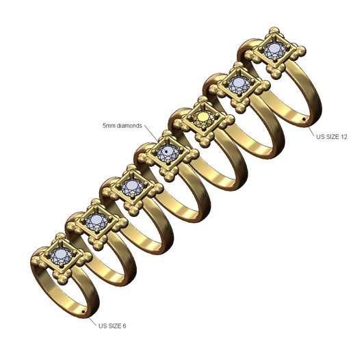 STL file Beaded corners square 5mm diamond ring US sizes 6to12 3D print ...