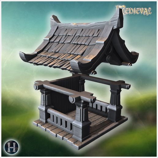 🤏 Small wooden shrine with curved tiled roof, decorative beams, and ...