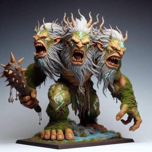 🧌 2143 Three-Headed Troll - 3D-Printed Fantasy Statue with Club, magic ...