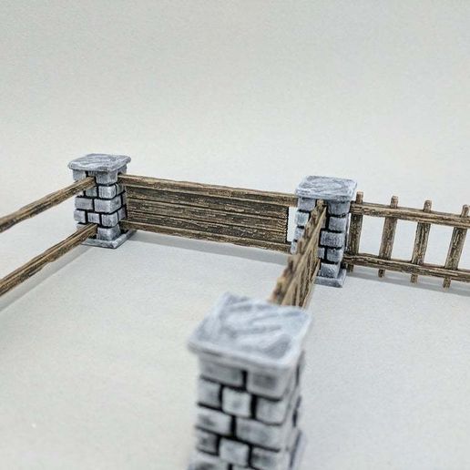 🪵 28mm Stone and Wood Fence・Free STL File for ・Cults