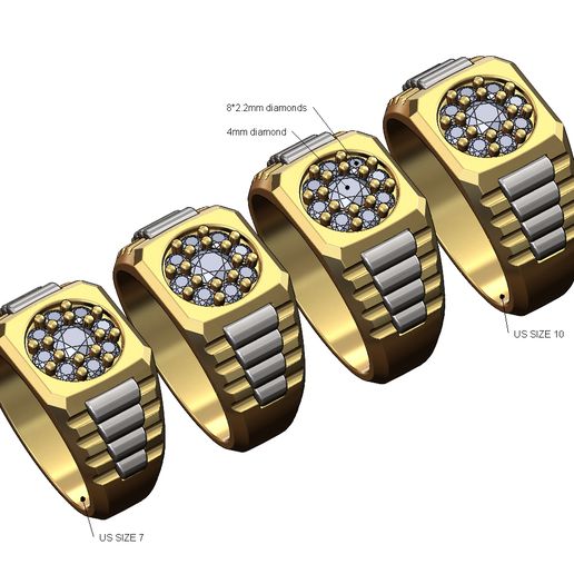 💎 Diamond cluster presidential square ring US sizes 7to10 3D print ...