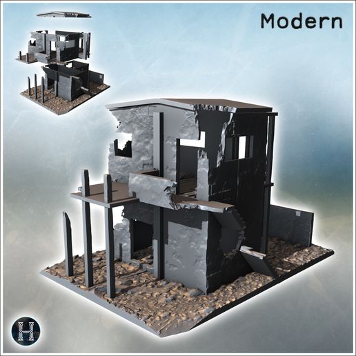 🏗️ Ruined modern building with external stairs and demolished terrace ...