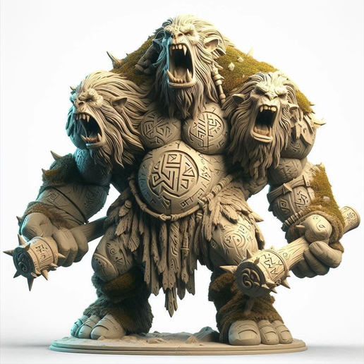 🧌 3326 Three-Headed Troll - 3D-Printed Fantasy Statue with Club ...