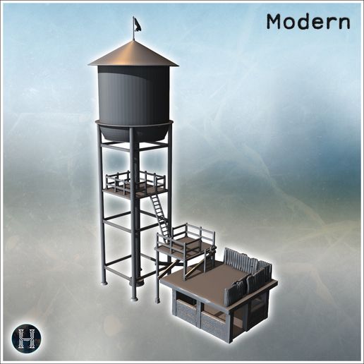 🚰 Tall water tower with adjacent platforms and access ladders ...