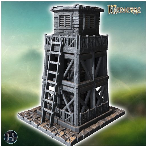 🪵 Tall wooden watchtower with ladder access, weathered planks, and a ...