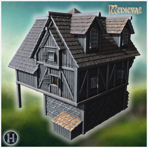 🏠 Timber-framed house with dormer windows, open shutters, and a stone ...