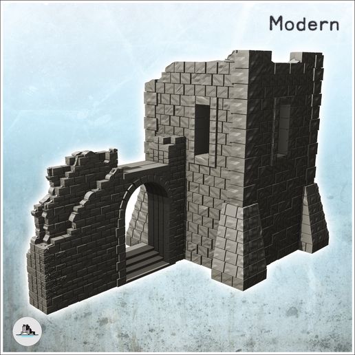 🏗️ Ruined building with stone tower and staircase under arch (32 ...