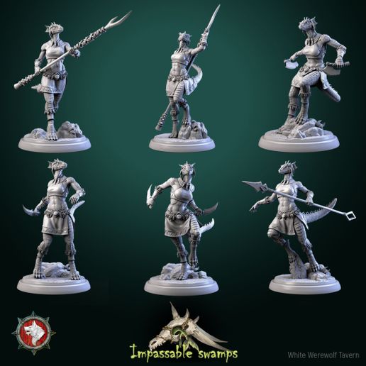 👩 Lizardfolk woman lizard warriors set 6 miniatures 32mm pre-supported ...