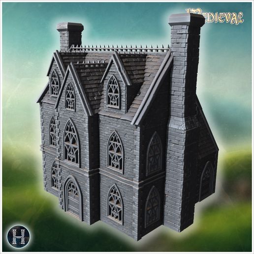 🏠 Large gothic house with twin chimneys and decorative roof railing (25 ...