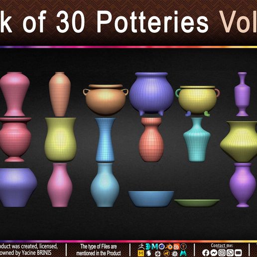 🪴 Pack Of 30 Potteries Kitbash Volume 01・ 3D File for 3D printing・Cults