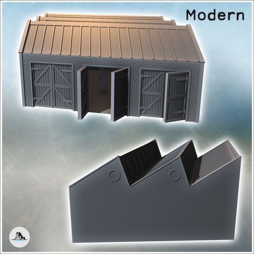 🧑‍🏭 Factory with shed roof, three large reinforced wooden doors, and ...