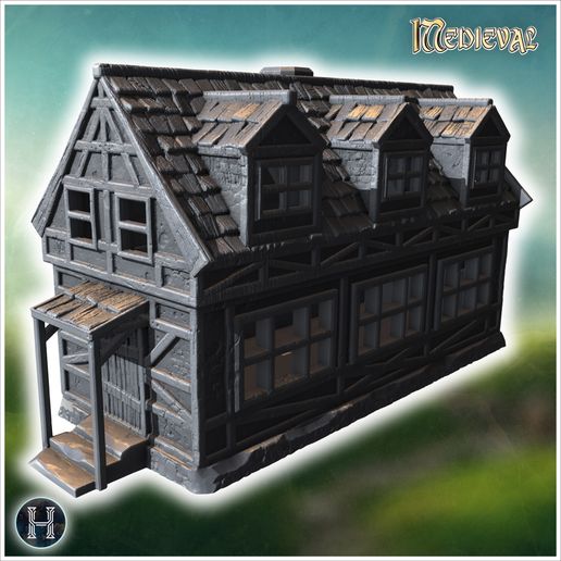 🏗️ Long half-timbered building with dormer windows, steep roof, and ...