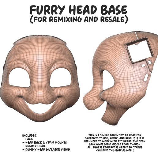 👺 REMIXABLE + Commercial Use - Base Furry Head with 60mm x 60mm x 15mm ...