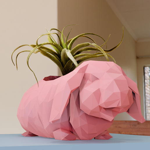 STL file bunny rabbit ears down mouth open planter pot flower vase low ...