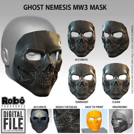 👻 Ghost Nemesis Mask MW3 Full Mask - STL model 3D print file・ STL File for 3D printing・Cults
