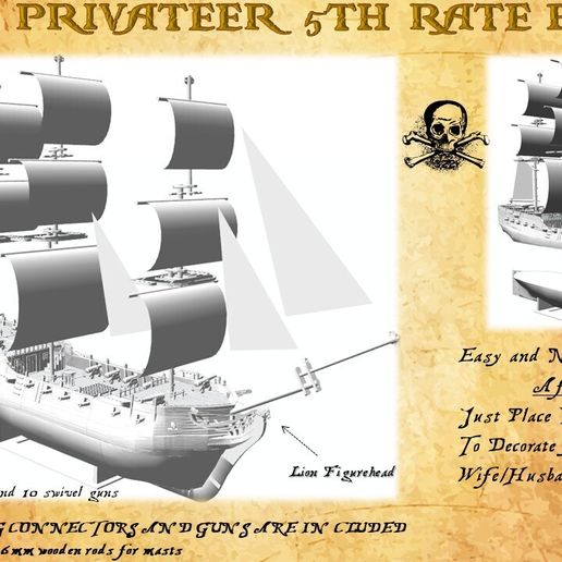 🎲 28 mm Privateer 5th Rate Frigate (34 cannons/10 Swivel Guns)・ 3D File ...