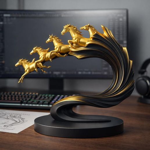 🗿 Golden Stallions Flow Sculpture – Dynamic Running Horses Art Model ...